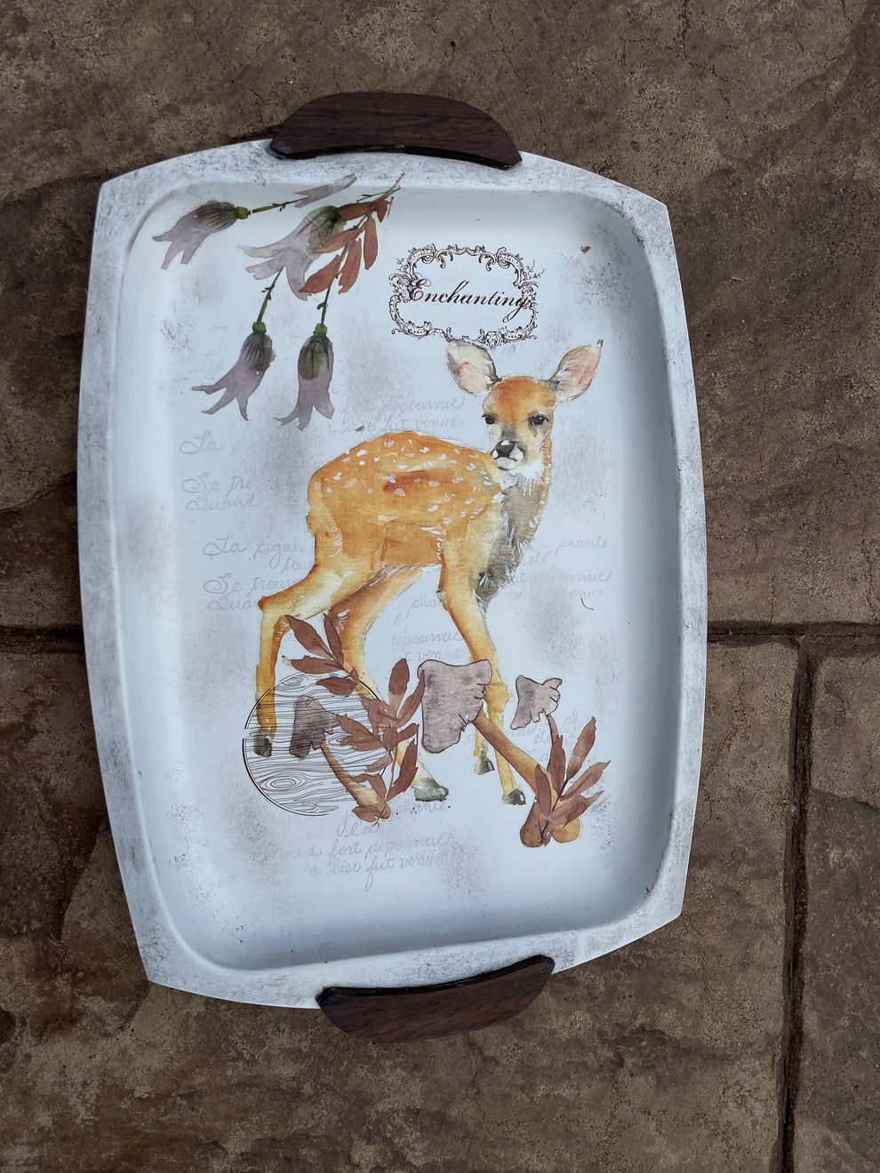 Woodland Deer on Upcycled Vintage tray – Lavender Blue Floral