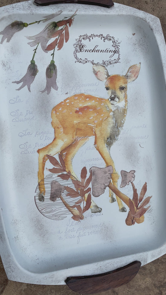 Woodland Deer on Upcycled Vintage tray – Lavender Blue Floral